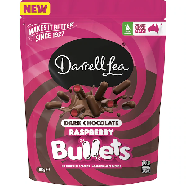 Darrell Lea Dark Chocolate Raspberry Bullets 190g | Worldwide Shipping